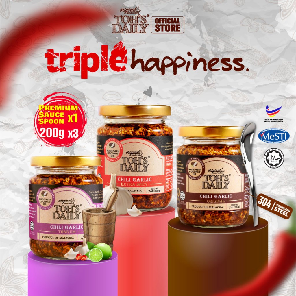 Toh’s Daily 100% HALAL Triple Happiness Set 200gx3 (Original+Extra Spicy+Tom Yum) FREE Premium ...