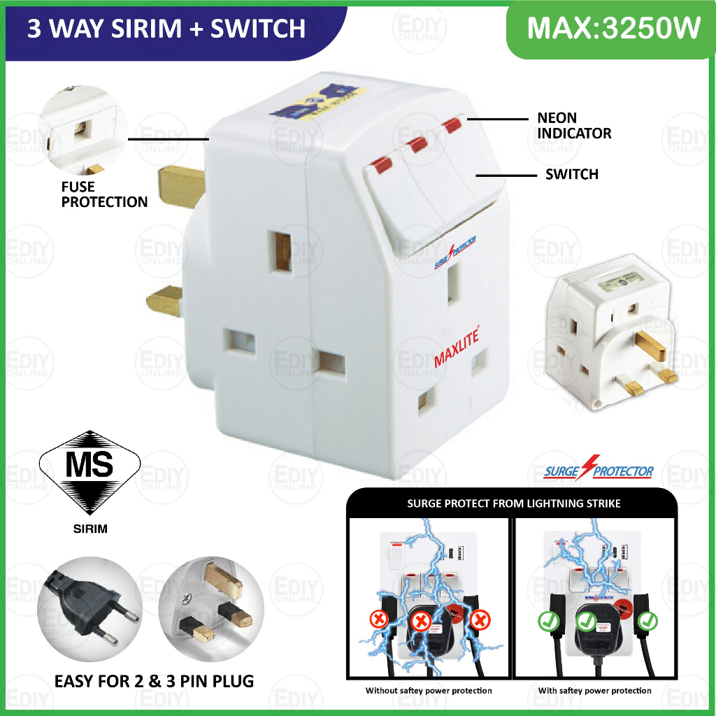 3 WAY ADAPTOR ADAPTER SWITCH USB SOCKET OUTLET PLUG EXTENSION WALL ...