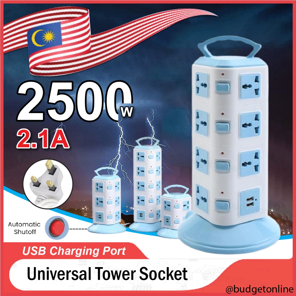 Universal Tower Extension Surge Protector Power Strip Multi Switch Socket Plugs USB Charging ...