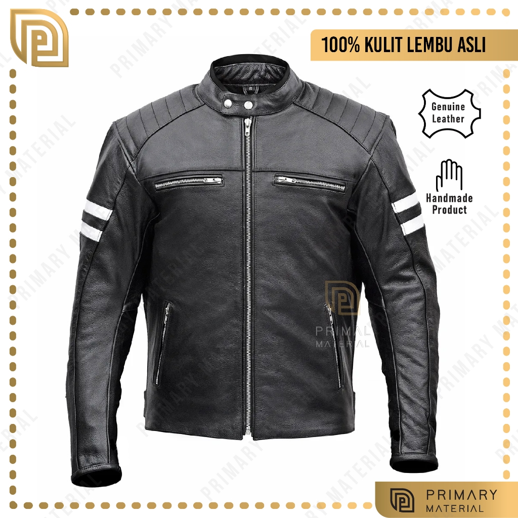 Leather Jacket Kulit Asli White Stripes Black Jaket Cafe Racing Biker ...
