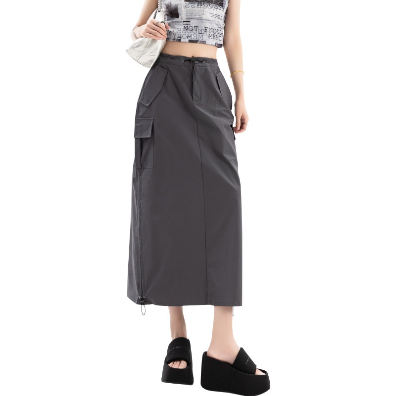 Casual Plain Drawstring Pocket Skirts Split Back Cargo Skirt for Women ...