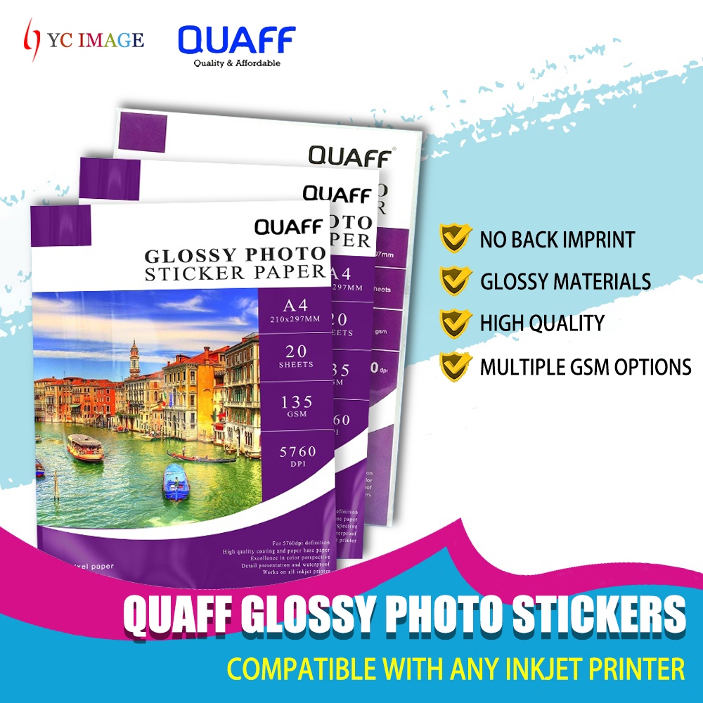Quaff Glossy Photo Sticker Paper 135GSM 90GSM A4 Size 20 Sheets 1 Wrap ...