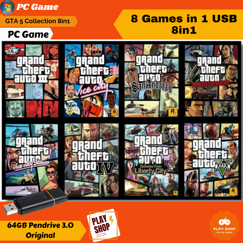GTA 5 | GTA Voice City | San Andreas PC Game GTA V 8 in 1 Pendrive USB 64GB PC Game Plug Install ...