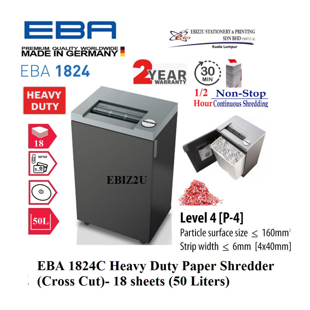 EBA 1824C Heavy Duty Paper Shredder (Cross Cut) 4x40mm - 18 sheets (50 ...