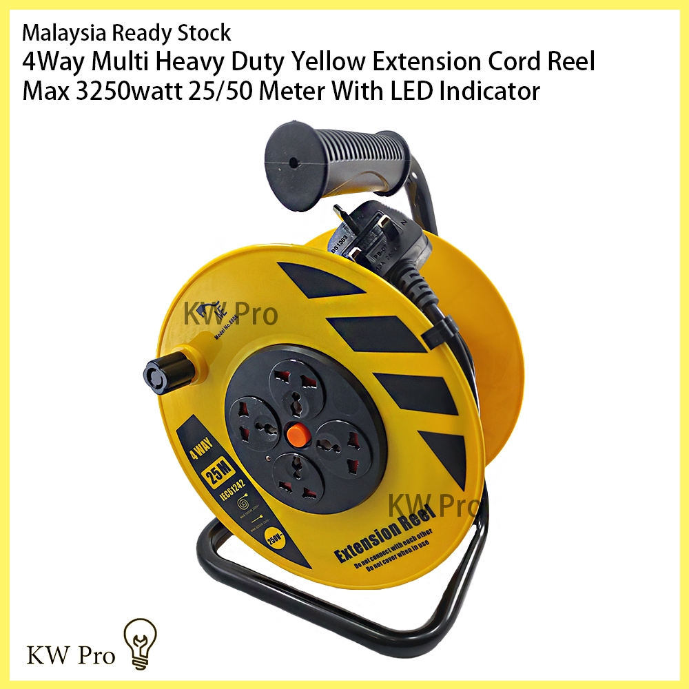 4Way Multi Heavy Duty Yellow Extension Cord Reel Max 3250watt 25/50 ...