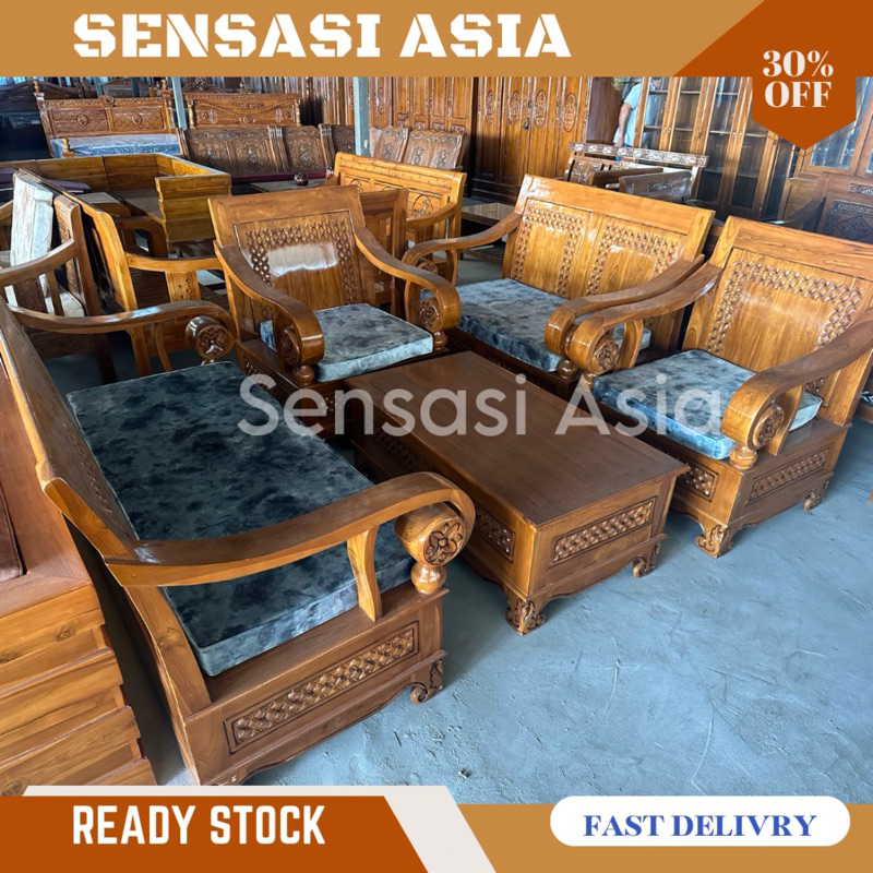 KERUSI KAYU JATI GAJA BESAR / KERUSI SET TAMU KAYU JATI / SOFA SET KAYU ...