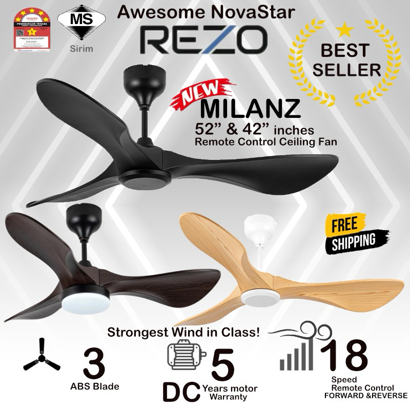 Rezo Milanz 52" 42" LED DC motor Remote Control Ceiling Fan / Kipas ...