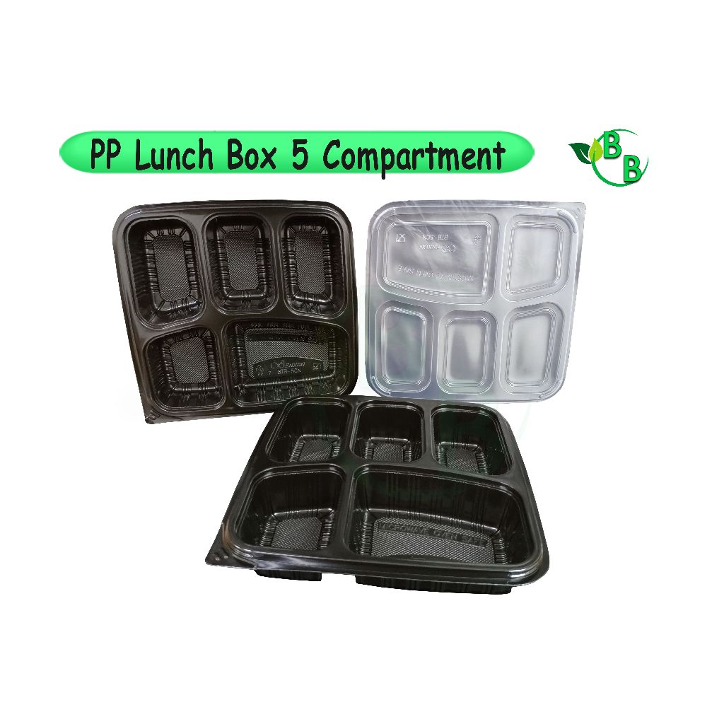 5 Compartment PP Lunch Box Black with Lid /Disposable Plastic Food Box ...