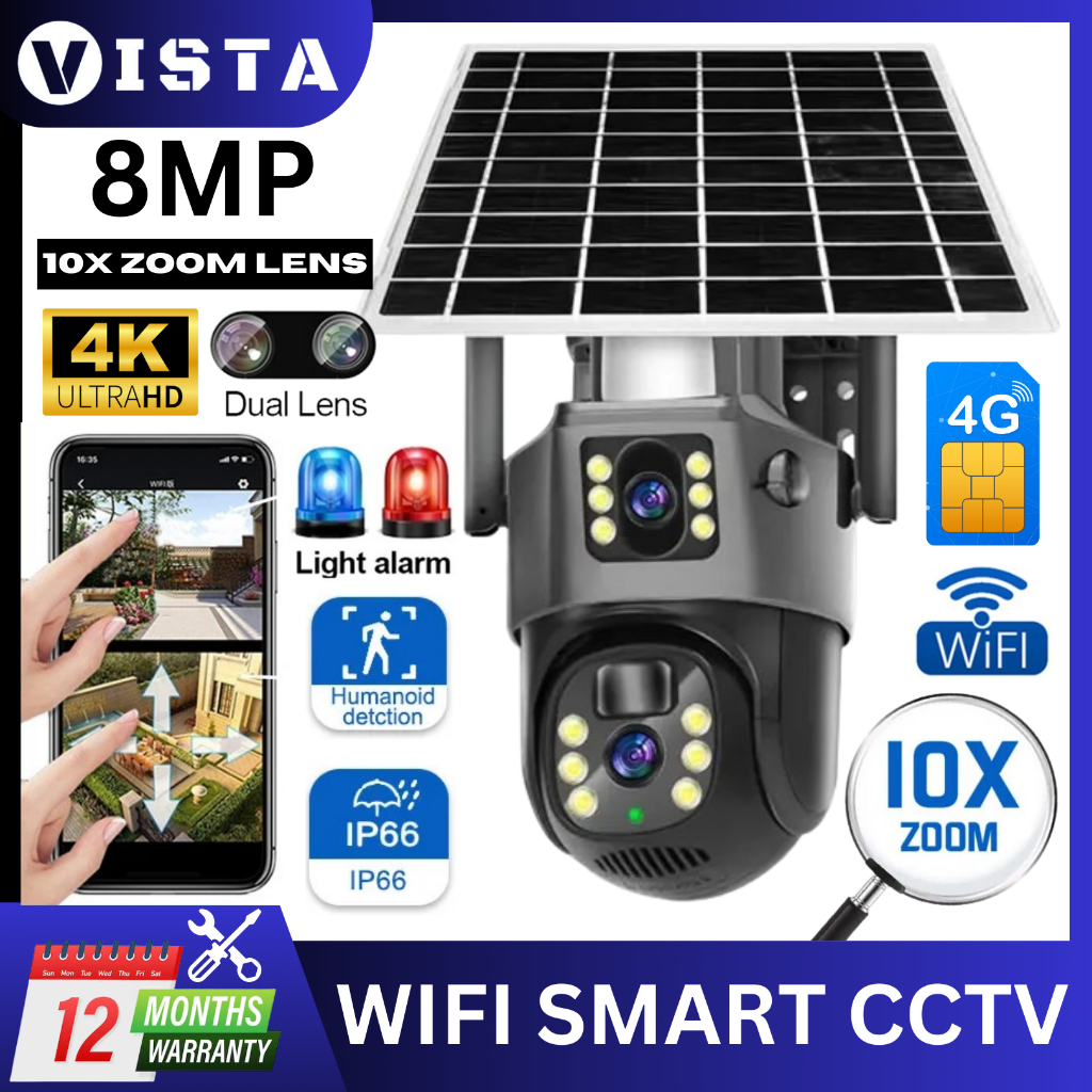 VISTA 4K 8MP Solar CCTV Wireless Camera 4G SIM Card CCTV Outdoor WIFI ...