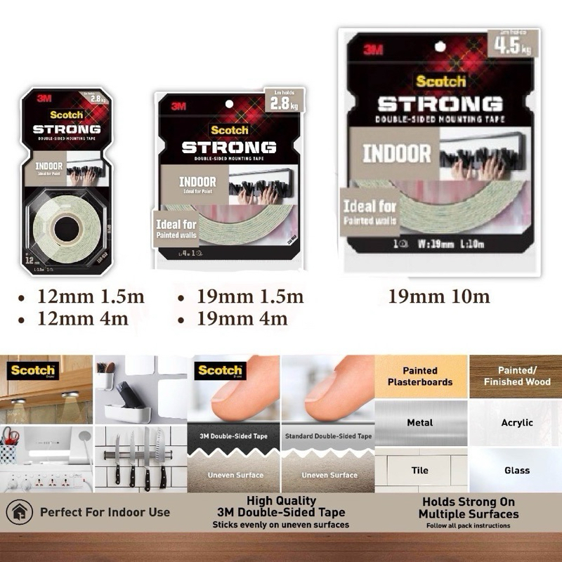 (Ready Stock) Original 3M Scotch Indoor Double sided Foam Mounting Tape 12mm x 1.5M / 19mm x 1 ...