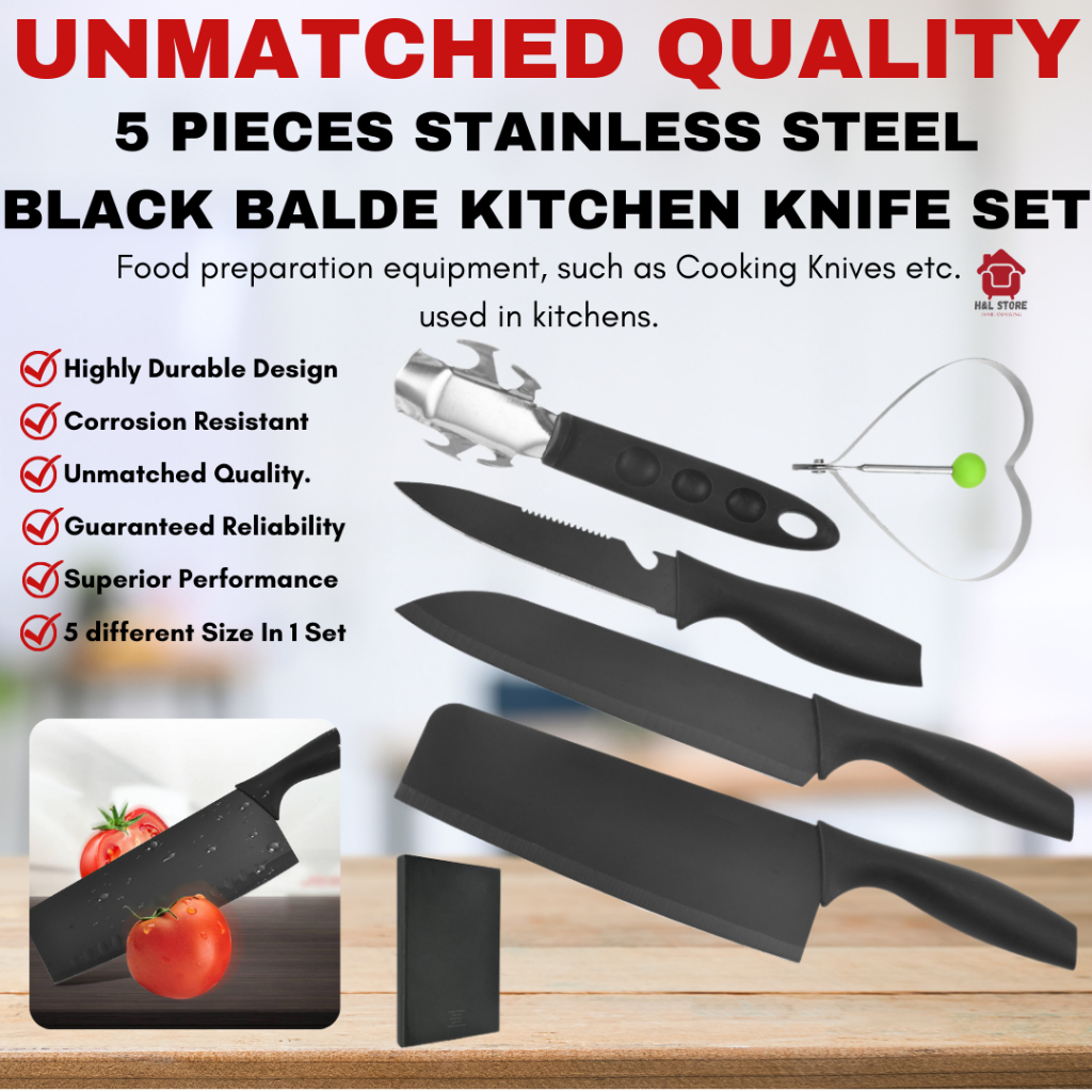 5 Piece Stainless Steel Black Blade Kitchen Knife Set / Chef Knife ...