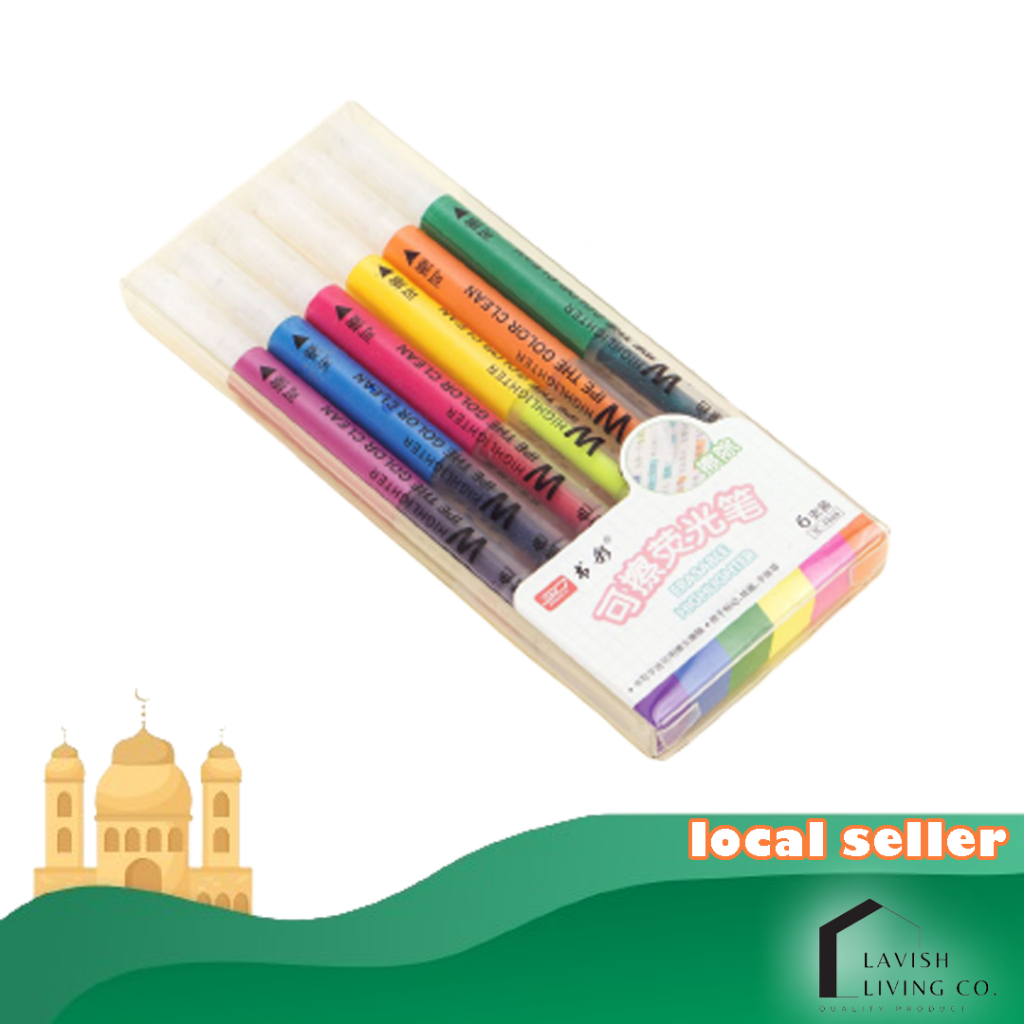 Erasable Highlighter Pen 6 Colors Highlighter Set 可擦荧光笔 筆6色萤光笔套装 ...