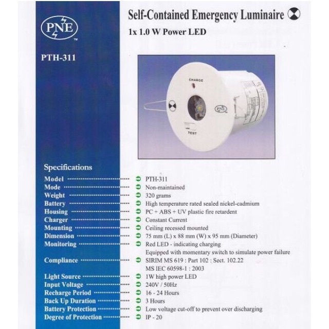 PNE PTH311 SELF CONTAINED RECESSED CEILING LED EMERGENCY LIGHT ...