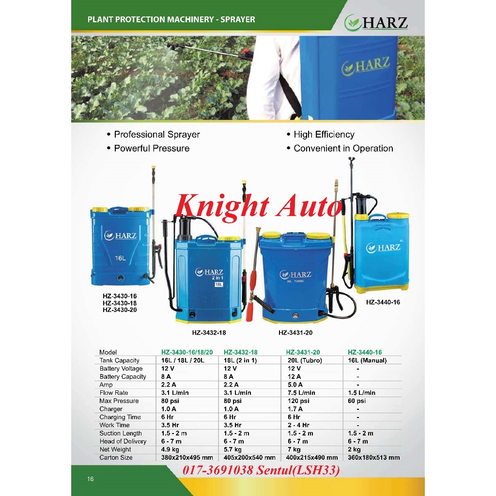 HARZ Rechargeable Battery Sprayer Pump HZ-3430-16/18/20 (16/18/20 Liter ...