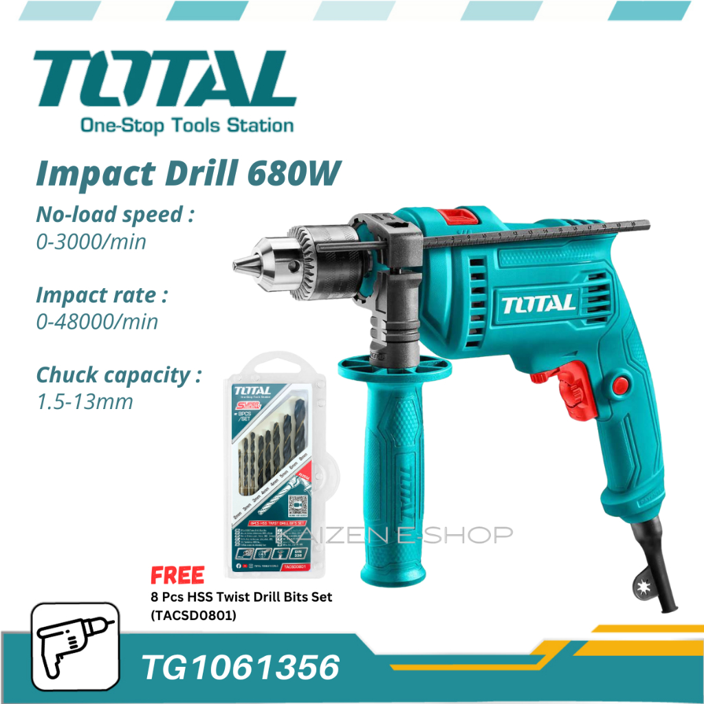 TOTAL TG1061356 13MM IMPACT DRILL 680W + FREE Total TACSD0801 8pcs HSS ...