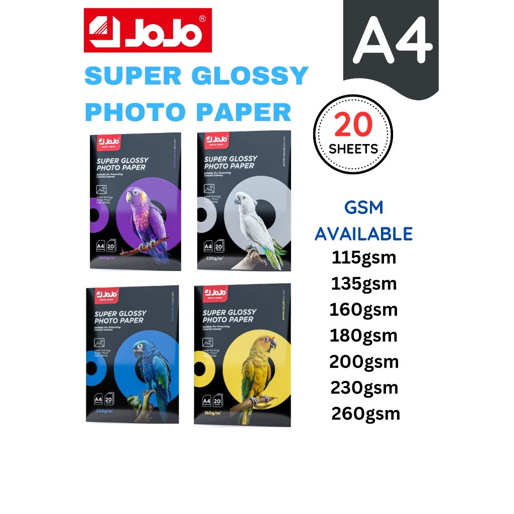 [ 115gsm - 260gsm ] A4 JOJO WATER RESISTANT SUPER GLOSSY PHOTO PAPER (SINGLE SIDE) | INKJET ...