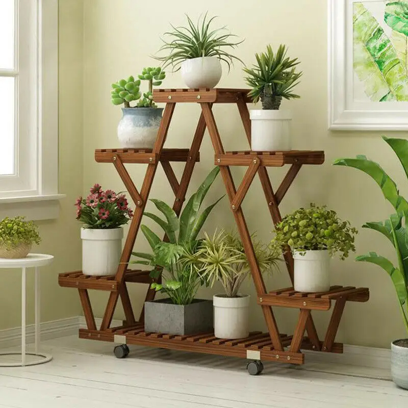 Movable Triangular Plant Shelf Carbonized Wood Plant Holder Flower Pot ...