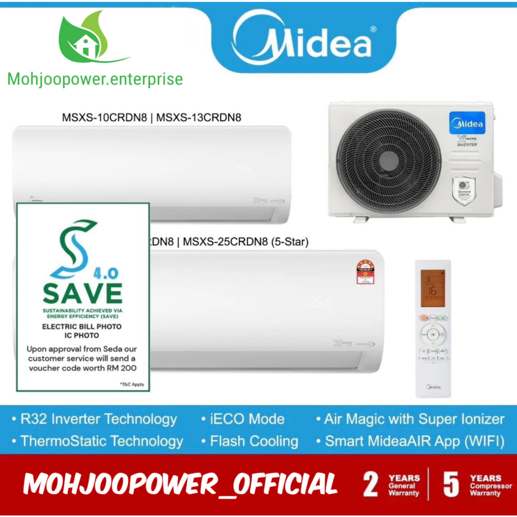 (Save 4.0) Midea Air Conditioner (1.0HP-2.5HP) Xtreme Save R32 Inverter MSXS-10CRDN8 / MSXS ...