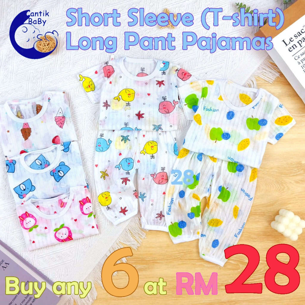 CantikBaby newborn~2Y Baby Kids T-shirt short sleeve long pant set Baju ...