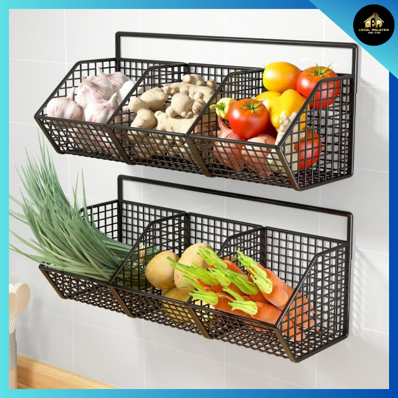 3 Grid Wall Mount Kitchen Shelving Storage Racks Ginger Onion Garlic ...