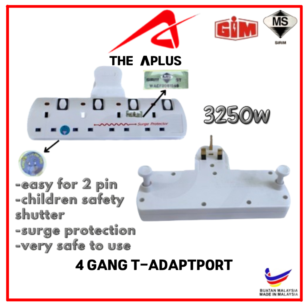 GIM 4 Way T-Type Multi Adaptor Extension Socket with Neon (SIRIM ...