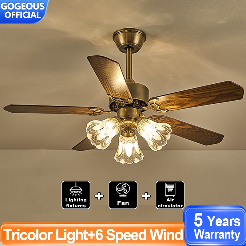 GOGEOUS Ceiling Fan With Light Nordic Retro Wooden Ceiling Fan Light ...