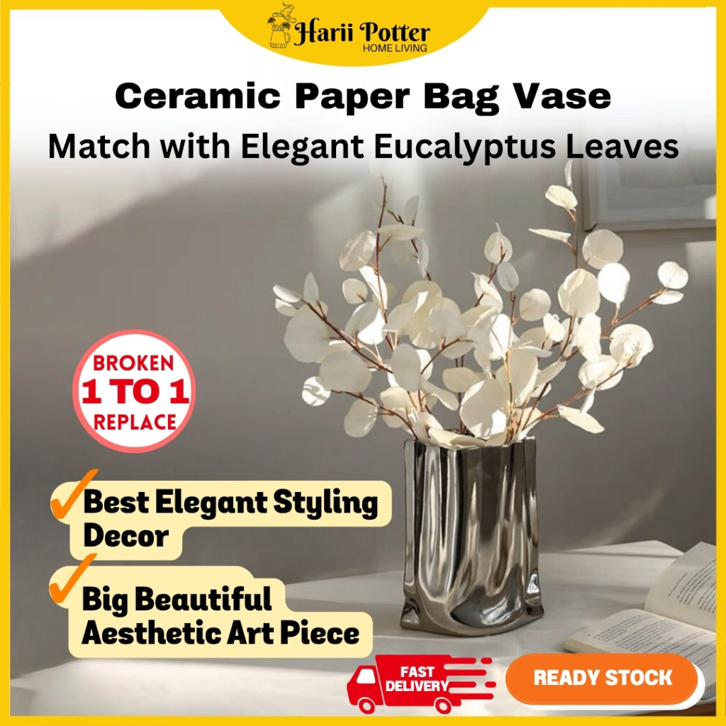 Aesthetic Nordic Silver Metallic Ceramic Vase Flower Deco Vase Pasu ...