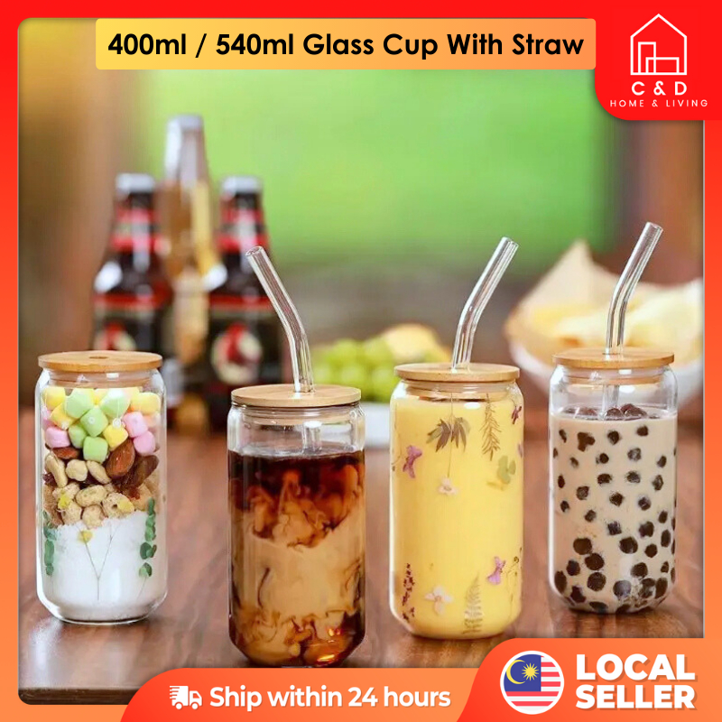 400ml 540ml Glass Cup With Bamboo Lid Ins Straw Coke Drinking cup ...