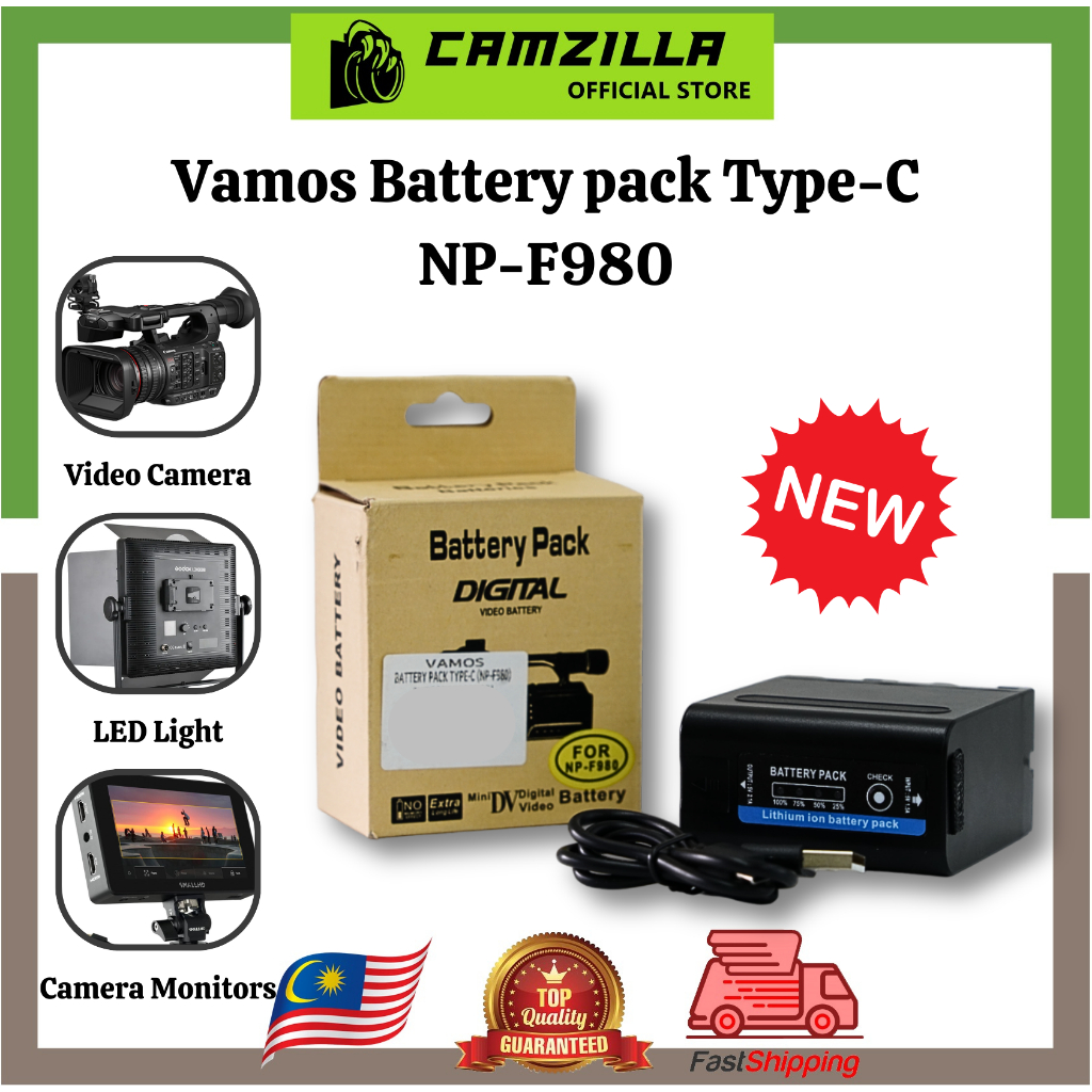 Vamos 7800mAh NP-F980 Rechargerable Li-Ion Battery with USB Charge Output And Type-C Output Sony ...