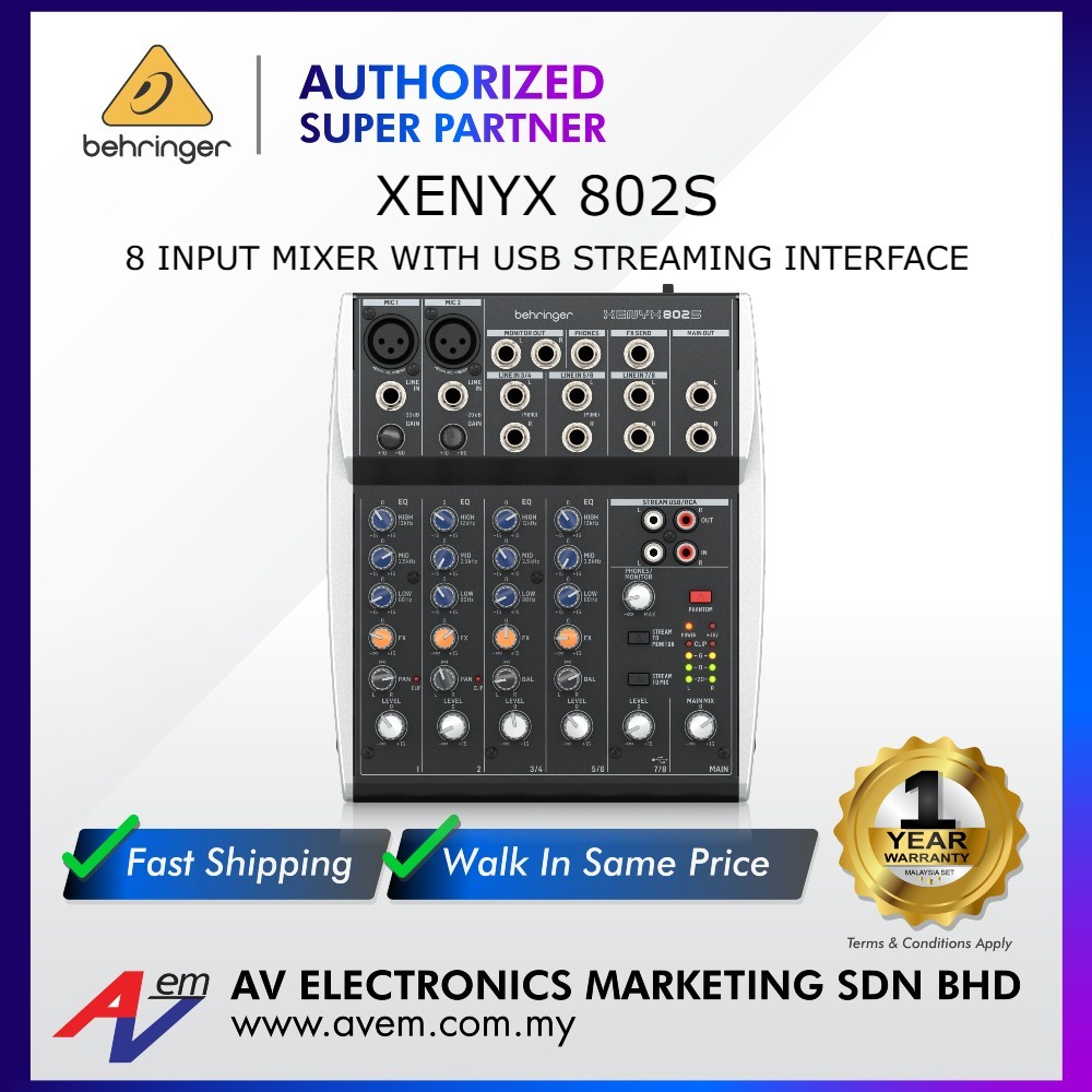 BEHRINGER XENYX 802S Premium Analog 8-Input Mixer with USB Streaming ...