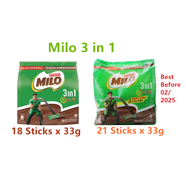 Nestle Milo 3 in 1 Original Sticks Pack [18 x 33g and 21 x 33g] [Use By ...