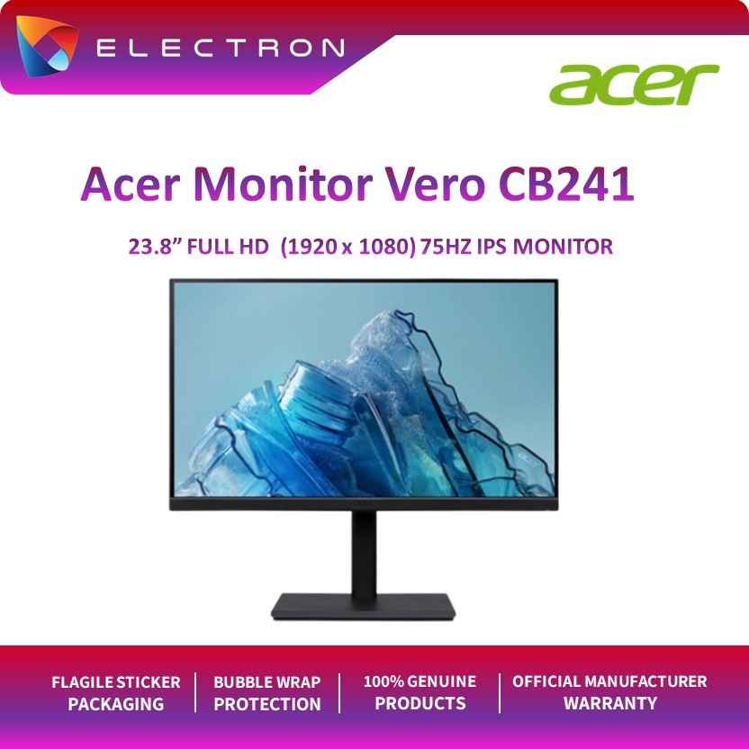 Acer Vero CB241Y 23.8" FHD 75Hz Flat Monitor (USB-C, HDMI, 3 Yrs Wrty ...