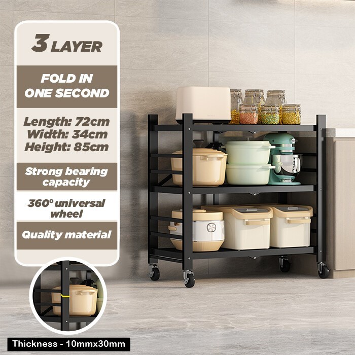 3 / 4 / 5 Tier Foldable Kitchen Rack Shelves with Wheels Moveable ...
