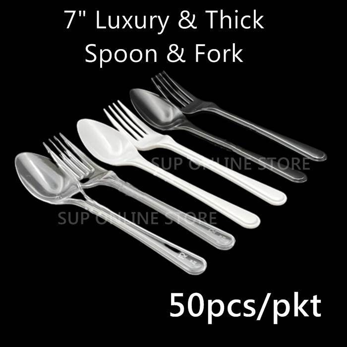 (50PCS) 7" Transparent Fork & Spoon/ Premium Disposable Plastic Party ...