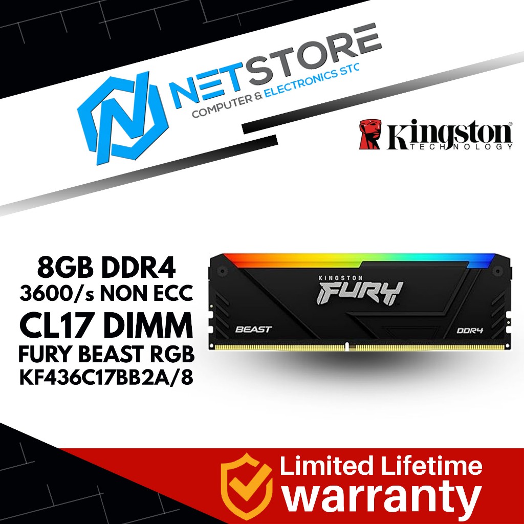 KINGSTON 8GB DDR4 3600/s NON ECC CL17 DIMM FURY BEAST RGB - KF436C17BB2A/8 | Shopee Malaysia