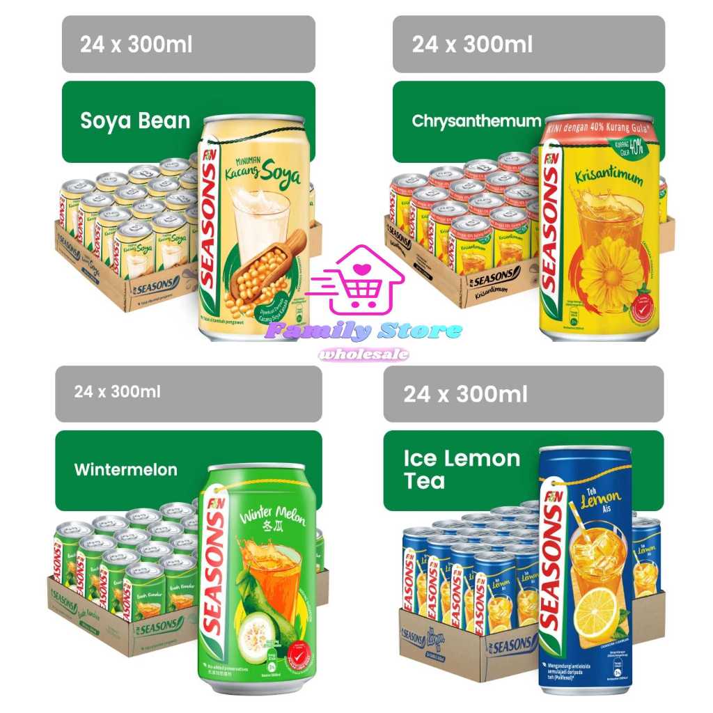 F&N Seasons Can Chrysanthemum / Ice Lemon Tea/ Soya Bean/ Grass Jelly Air Tin 300ml x 24 ...