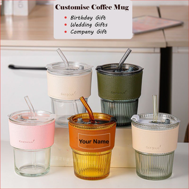 Customise Name Personalised Glass Coffee Mug Straw Hot Cold resistant ...