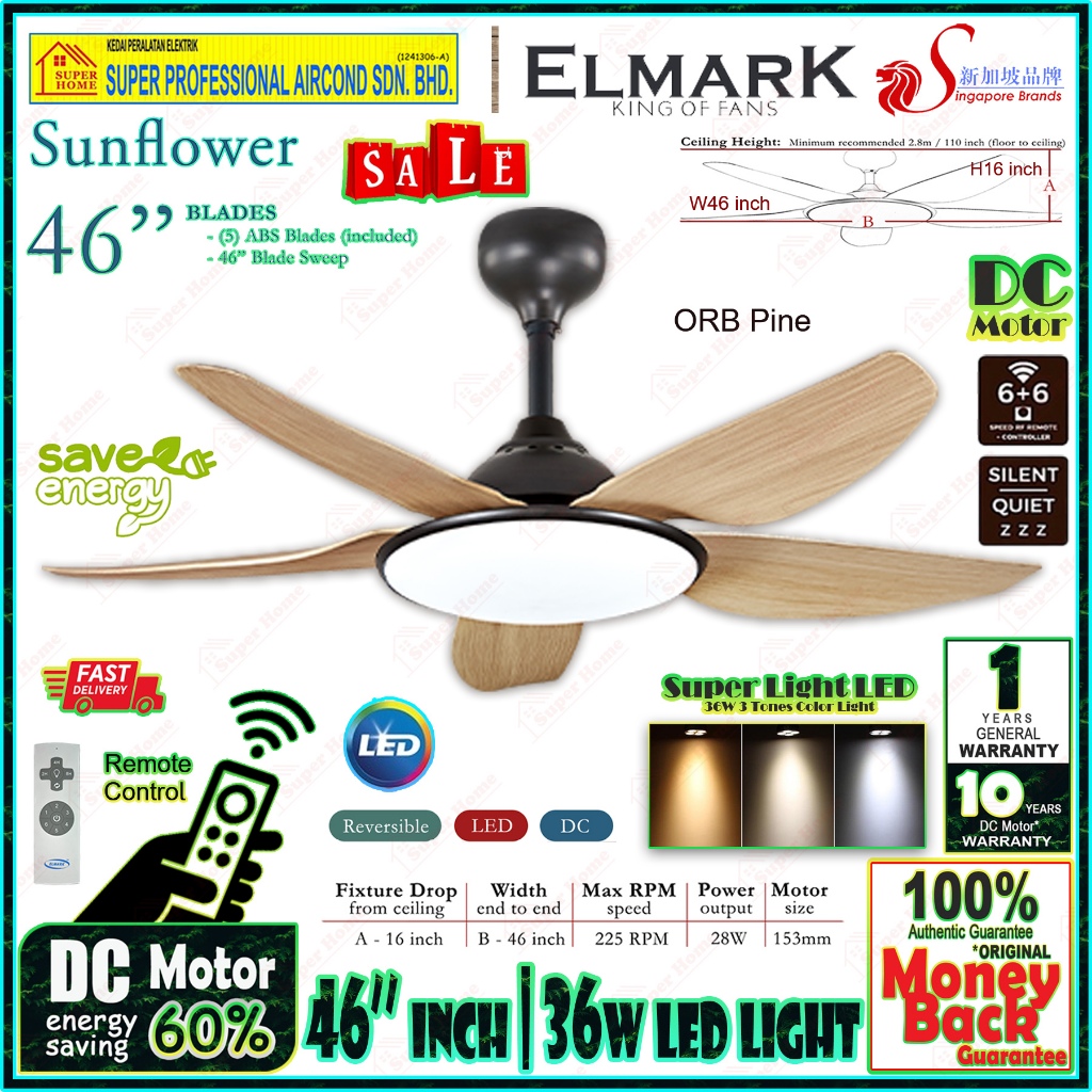 Elmark Ceiling Fan Elmark Sunflower 46 inch Remote Control DC Motor ...
