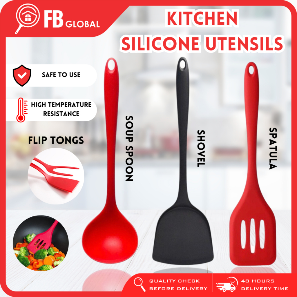 Kitchen Silicone Utensils Spatula Shovel Soup Spoon Grip Flip Tongs Set ...