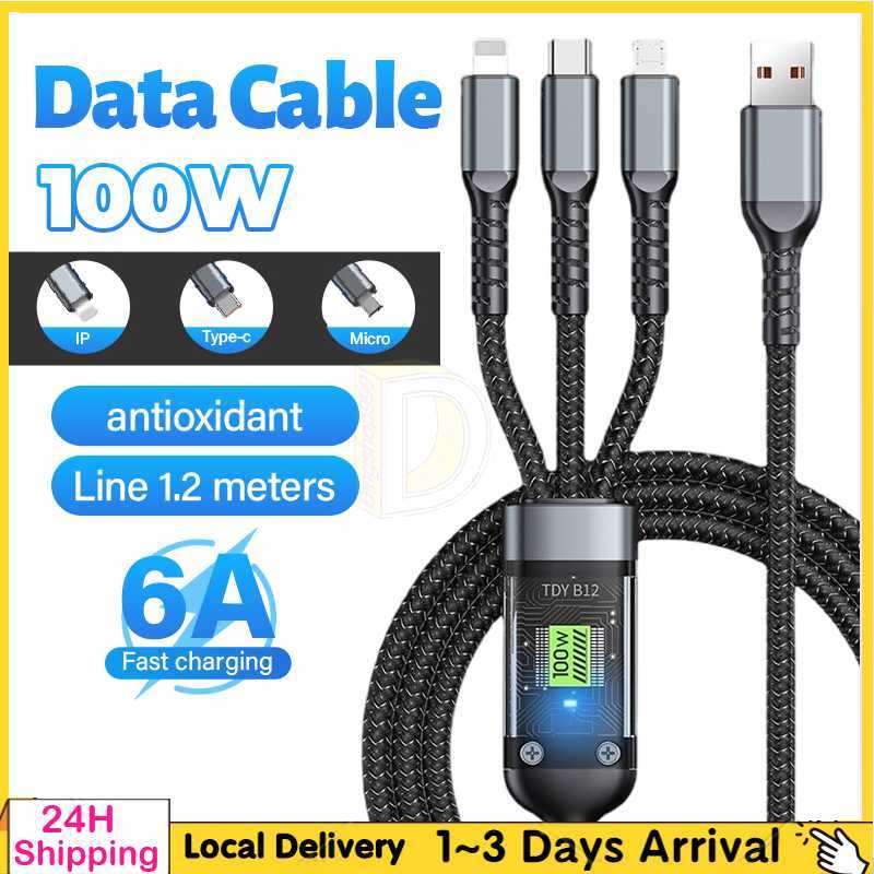 ⚡100W Super Fast Charge Braid 3 in 1 Data Cable Charge Cable 6A ...