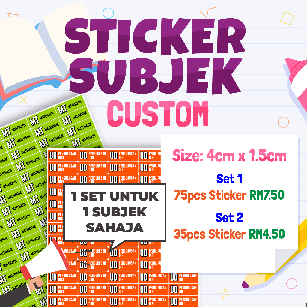 CUSTOM STICKER SUBJEK SEKOLAH (75 PCS / 35 PCS) | Shopee Malaysia