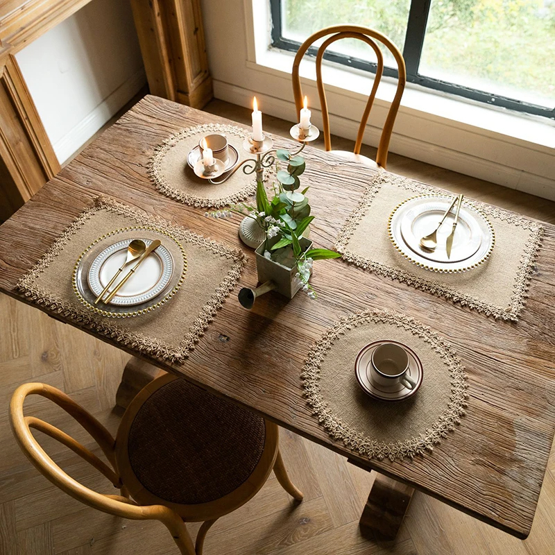 Linen Fabric Woven Placemat Embroidery Stitching Tassel Placemat Dining ...