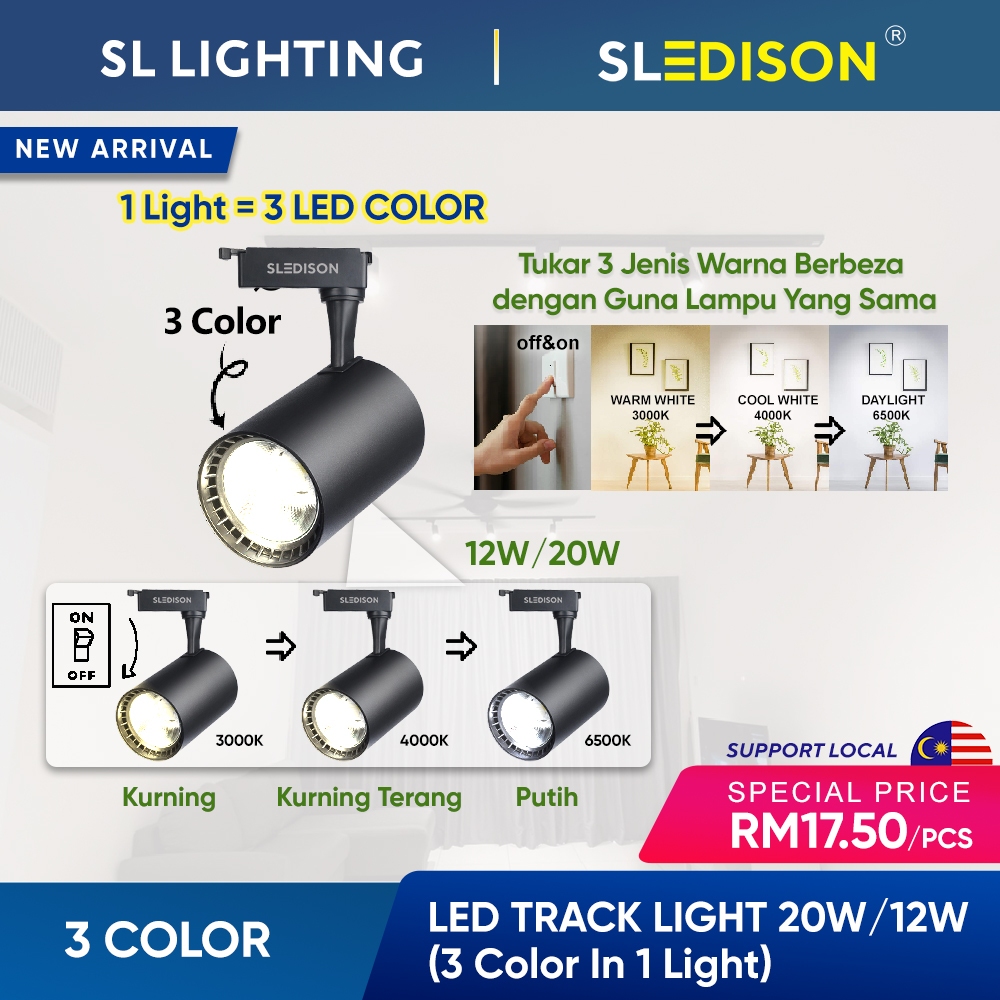 SL EDISON 12W/20W 3 Color LED Track Light Lampu LED Ceiling Spotlight ...