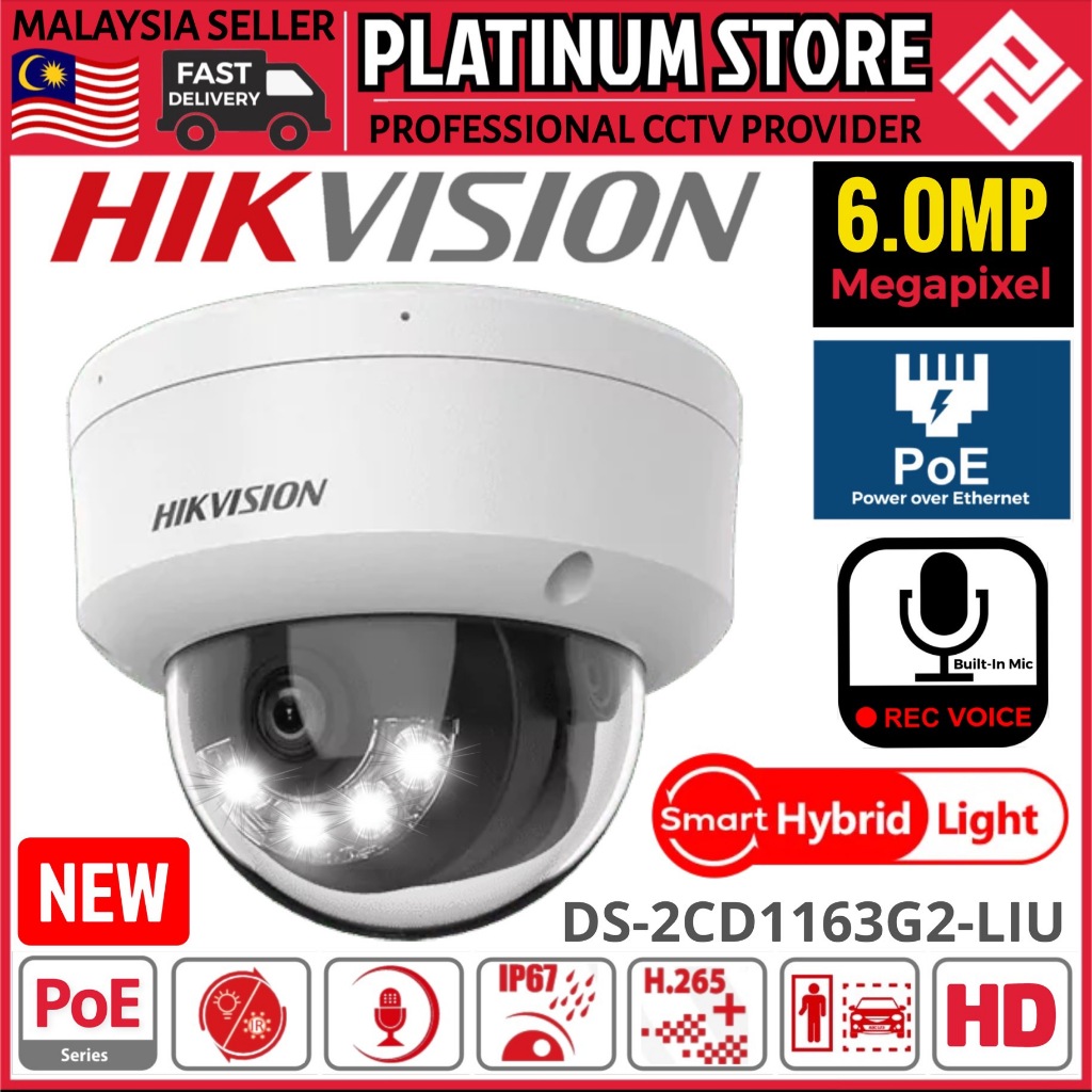 HIK HIKVISION DS-2CD1163G2-LIU 6.0MP POE IP Network CCTV Camera 6MP FULL HD Dome Indoor Smart ...