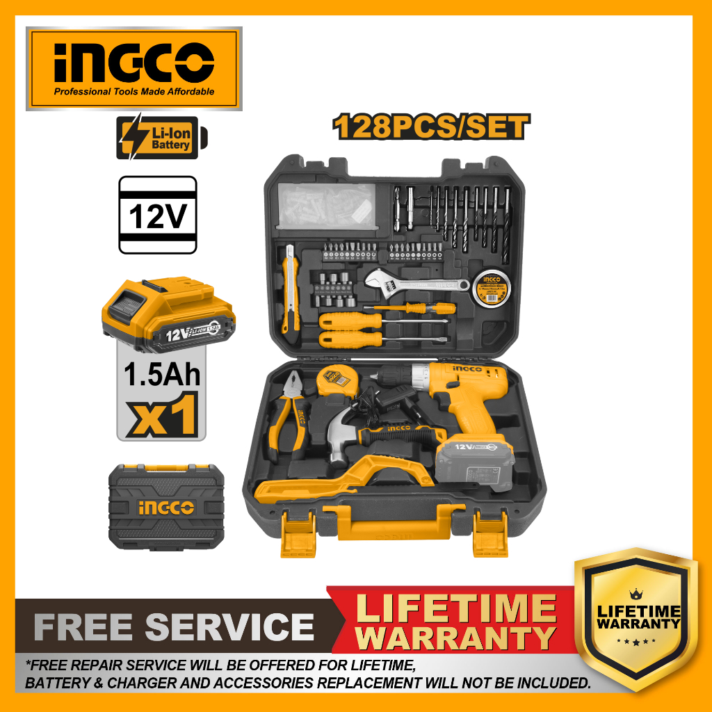 INGCO 128pcs Power Tools Set HKTHP11281 with 12V Cordless Battery Drill ...
