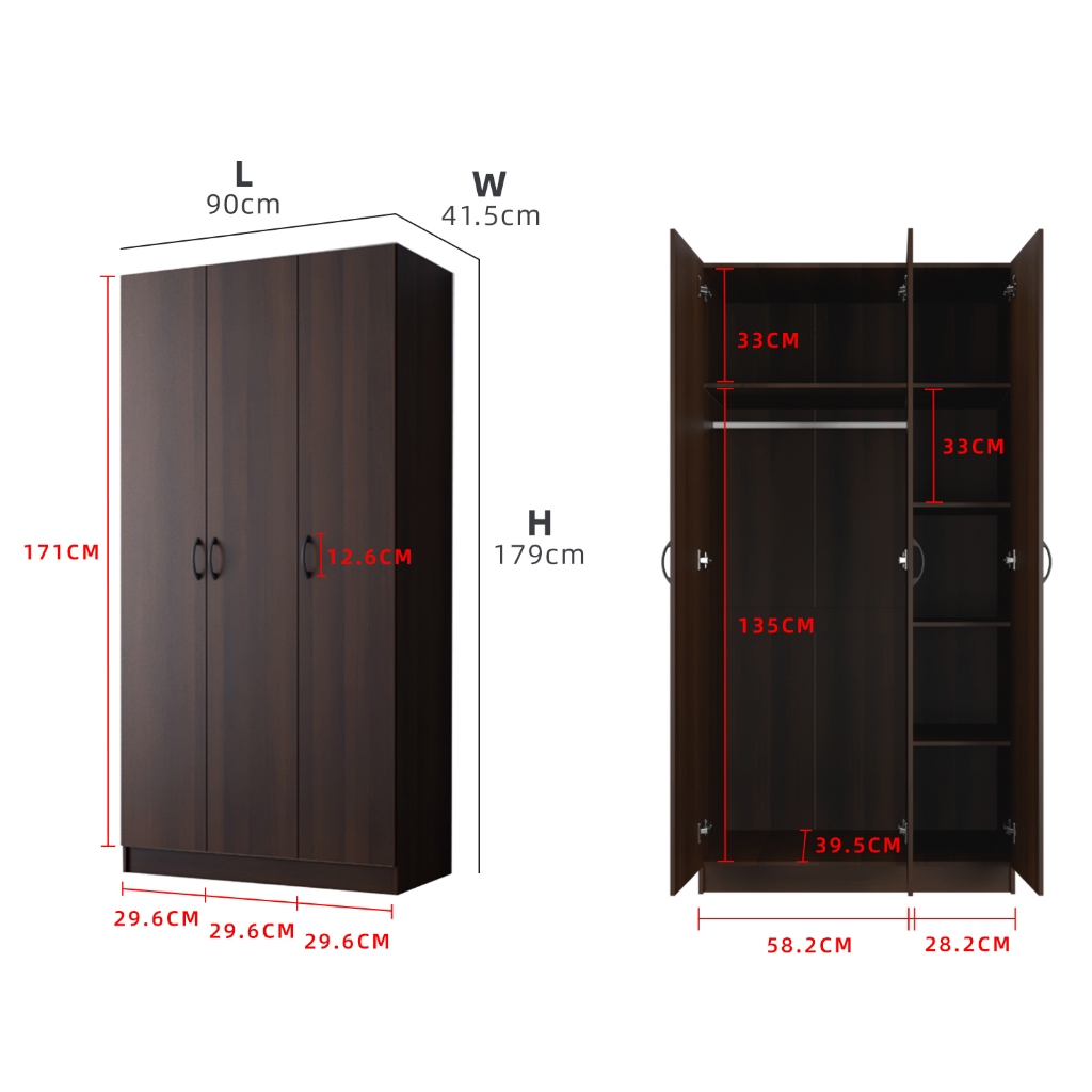 KitchenZ Sabah 3 Door Wardrobe (180cm Height) Almari Baju Almari ...
