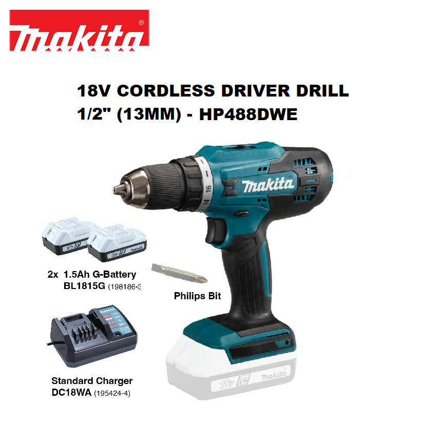 MAKITA 18V CORDLESS HAMMER DRIVER DRILL 1/2"(13MM) - HP488DWE 1 X SPEED CHARGER (DC18WA), 2 X ...