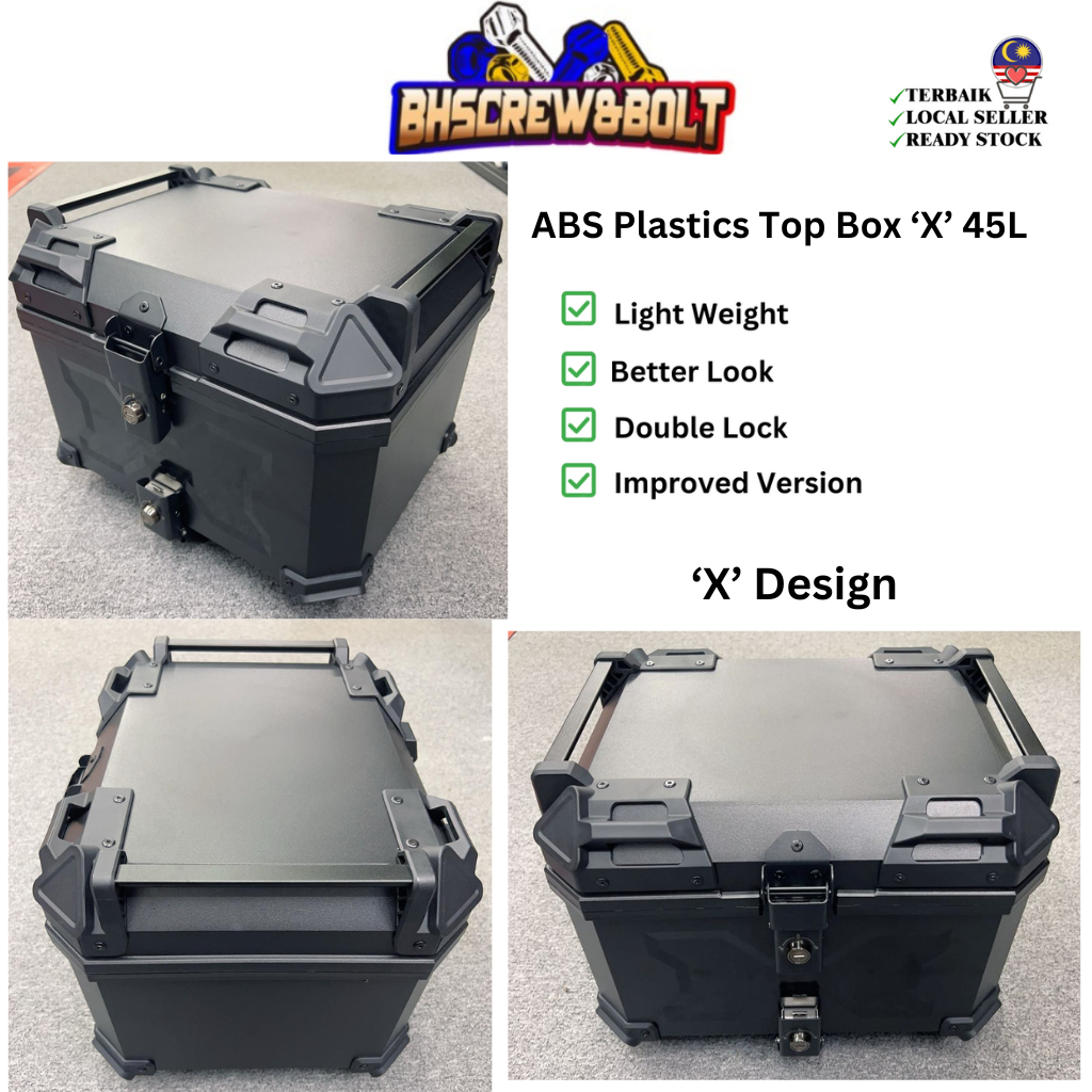 Motorcycle Top Box 45L ABS Plastic 'X' Design Top Box with Double Lock ...