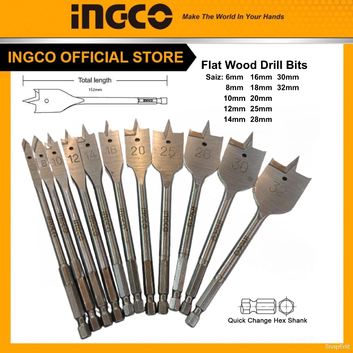 INGCO Flat Wood Drill Bits 18,20,25,28,30,32mm (Sell Per Pcs) | Shopee ...