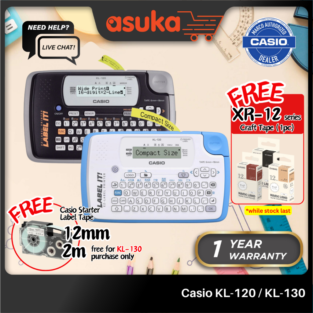 Casio Label It KL-120 18mm 2-Line Compact Label Printer(1 years warranty)/Casio KL-130 Label ...